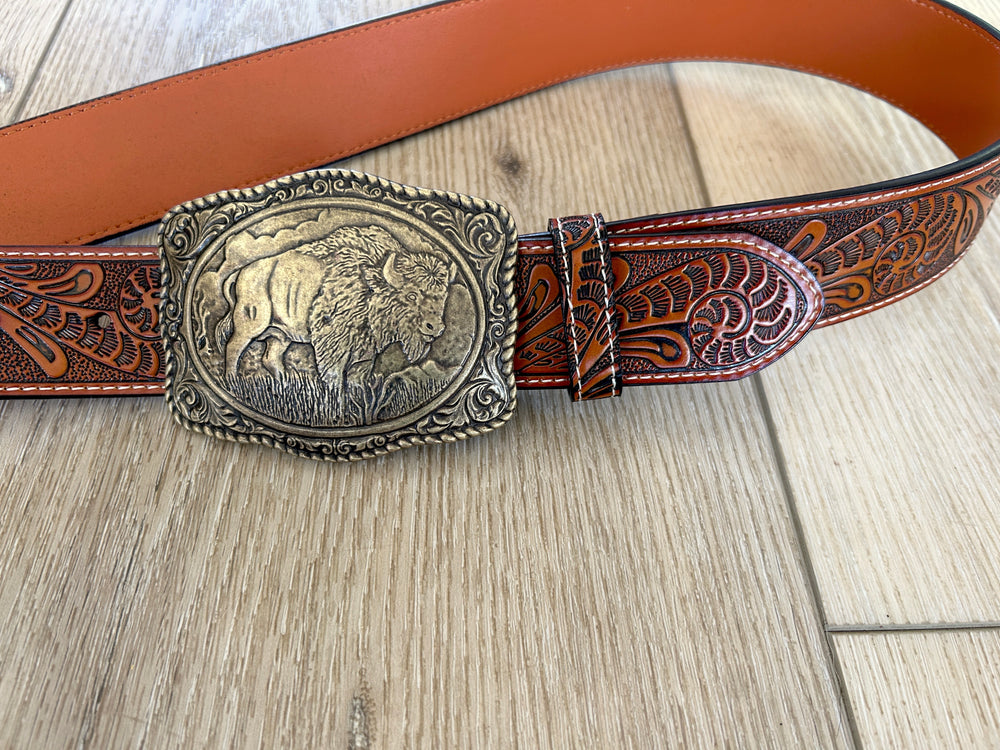 Brass Buffalo Buckle Tooled Brown Leather Belt